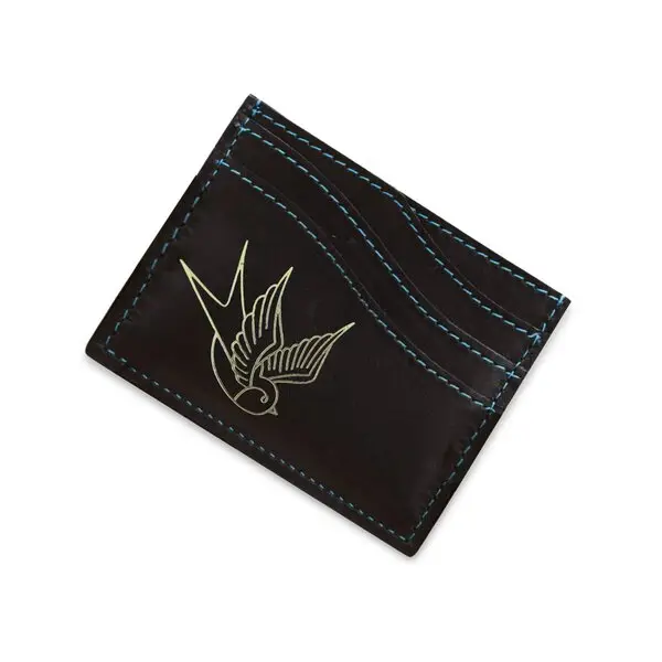 VIDA VIDA Swallow Tattoo Leather Card Holder Blue - Black