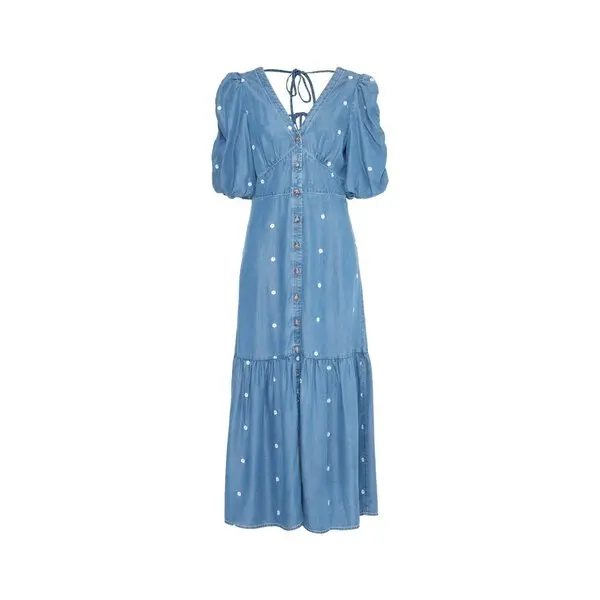 ROSE & NANCY Mila Denim Tencel Daisy Embroidered Midi Dress - Blue