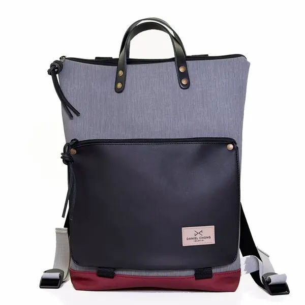 DANIEL CHONG Black / Grey / Red Waterproof Iconic Book Holder Backpack With Double Zipper Grey, Black, Wine Red - Black/grey/red