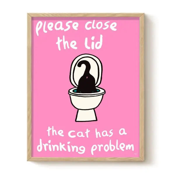 THE PAPER TAIL Pink / White / Black Close The Lid Cat Print A4 - Pink/white/black