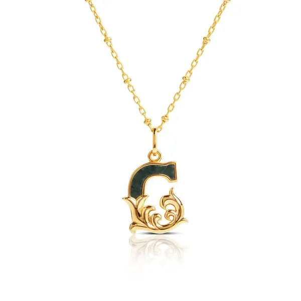 KASUN LONDON Plated G Initial Necklace With Green Marble - Gold
