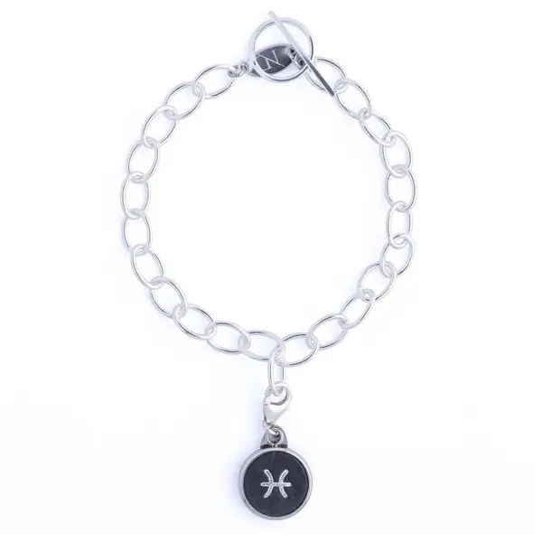 N'DAMUS LONDON Pisces Zodiac Sterling & Leather Curb Bracelet - Silver