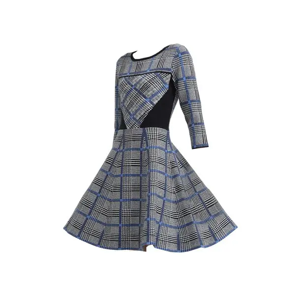 SMART AND JOY Fit-and-flare Tartan Knit Dress - Blue
