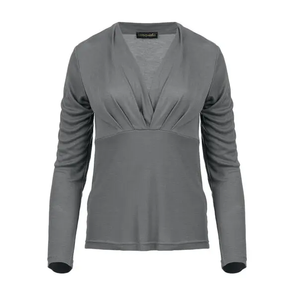 CONQUISTA Soft Ribbed Viscose Jersey Top – V-neck, Long Sleeve - Grey