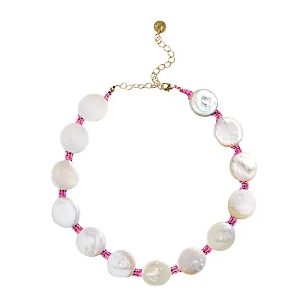 ADRIANA PAPPAS DESIGNS Coin Pearl Choker On Colored Cord Hot - Pink