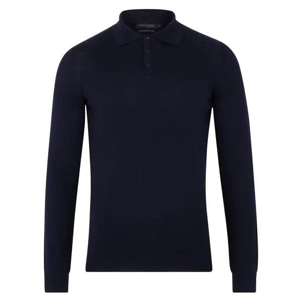 PAUL JAMES KNITWEAR Extra Fine Merino Wool Turner Long Sleeve Polo Shirt Navy - Blue