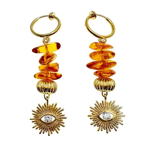 FARRA Natural Amber With Evil Eye Dangle Clip-on Earrings - Yellow