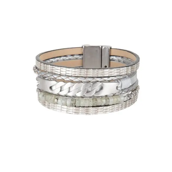 Saachi Natural Stones And Chain Leather Bracelet - Grey