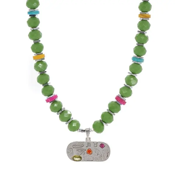 EBRU JEWELRY Green / Red / Silver Sacred Symbols Pendant Colorful Protection Choker Necklace Green - Green/red/silver