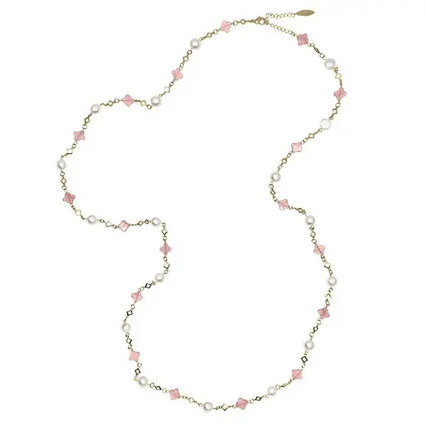 FARRA Watermelon Quartz And Freshwater Pearl Station Necklace