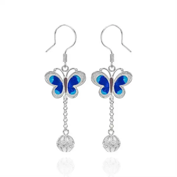 FAR EAST JEWELRY Blue / Silver Handmade Silver & Enamel Butterfly Earrings - Blue/silver