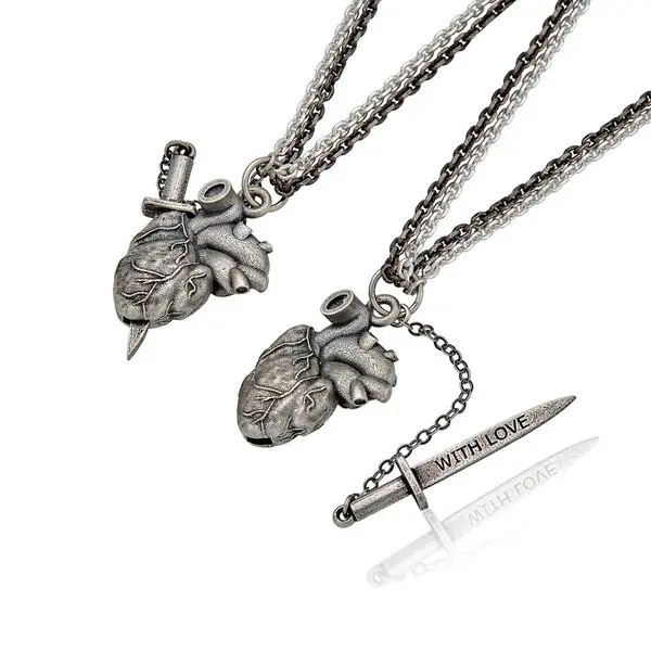 CARTOGRAPHY Grey / Silver With Love Dagger In Heart Anatomical Heart Necklace In Sterling Silver - Grey/silver