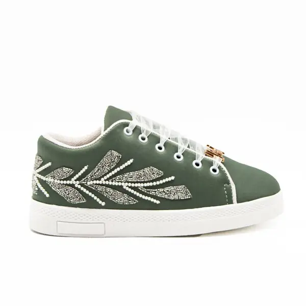 RETTROSE Isabel Luxury Sage Lycra Handmade Embellished Trainers - Green