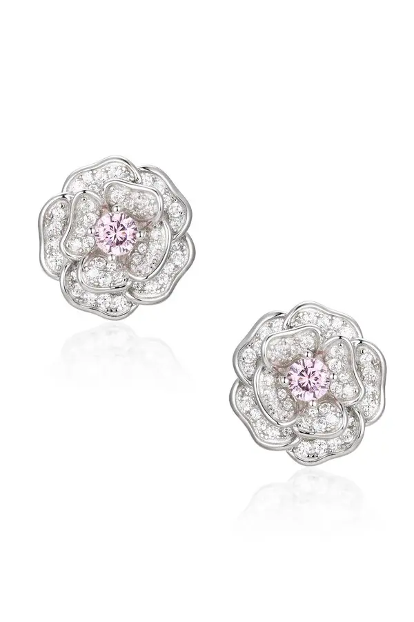 SANTINNI Pink / Silver Mini 'tsarina' Flower & Pink Crystal Silver Earrings - Pink/silver