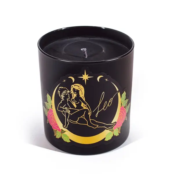 BLACK CAKE Astrology Zodiac Horoscope Sign Candle Leo Light Sugar Rose Petal Fragrance - Black/orange