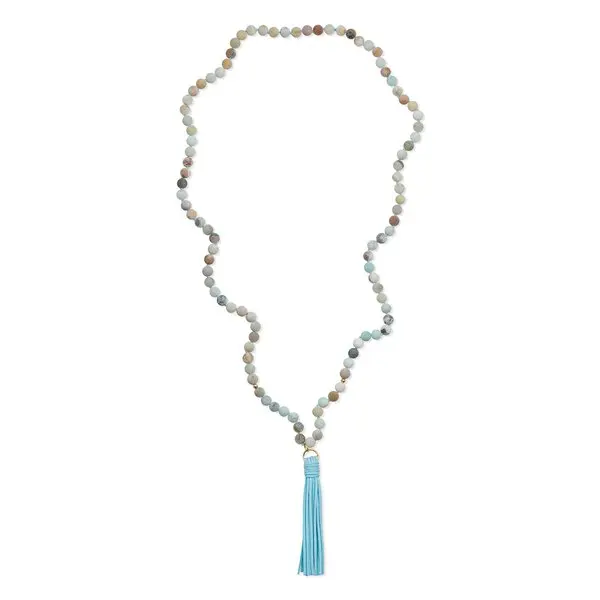 HEATHER HAWKINS Talulah Belle Gemstone Beaded Long Necklace With Suede Tassel Matte Amazonite - Blue