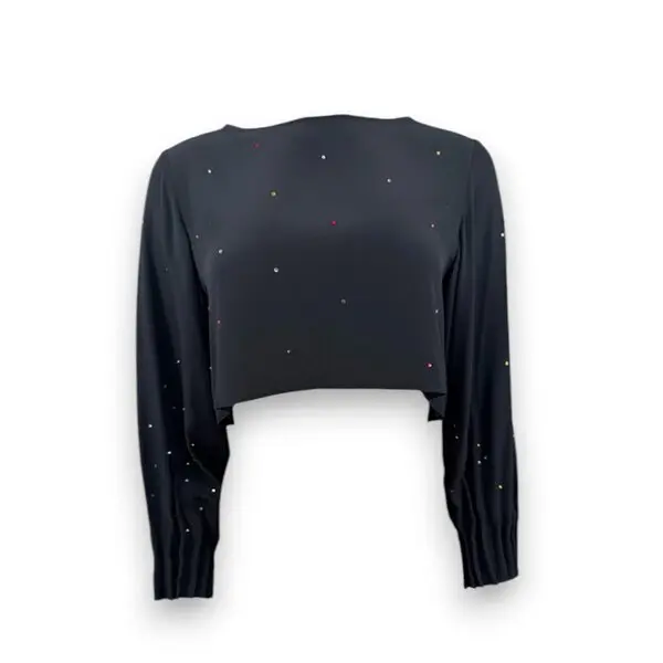MONZLAPUR NEW YORK Cropped Silk Top With Pleated Cuffs & Crystals - Black