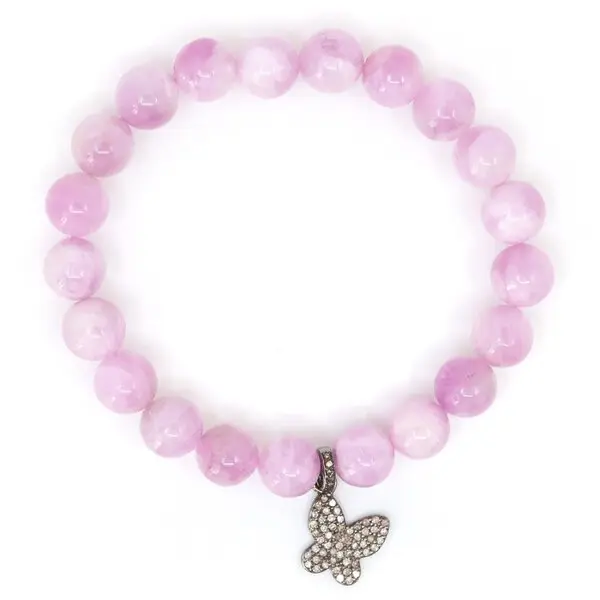 Shar Oke Silver / Pink Kunzite & Butterfly Diamond Charm Beaded Bracelet