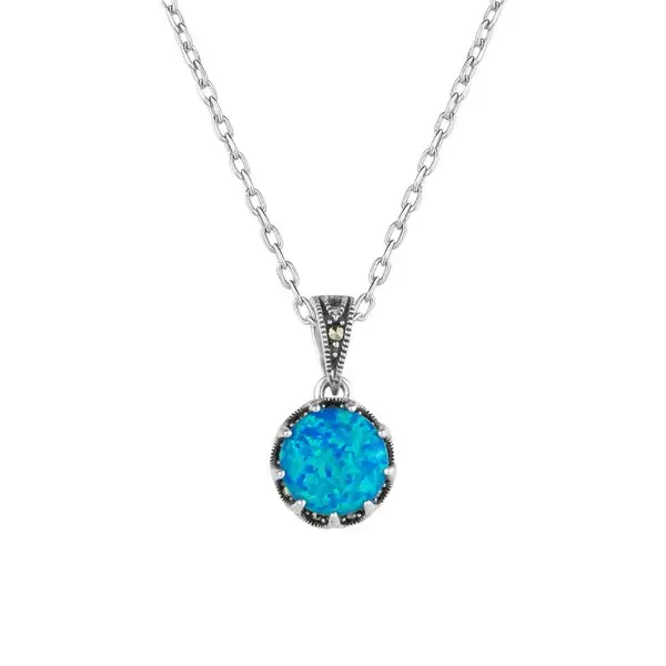 SPERO LONDON High Quality Round Opal Sterling Silver Pendant Necklace Dark - Blue