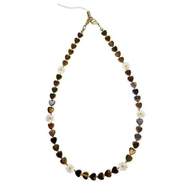 FARRA Heart Shaped Tiger-eye With Flower Shell Phone Strap - Brown