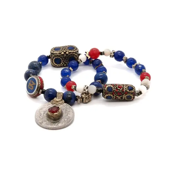 EBRU JEWELRY Blue / White / Silver Lapis Lazuli Stone Tibetan Charms Unique Bracelet Set Blue - Blue/white/silver