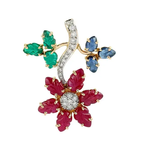 ARTISAN Carved Ruby, Emerald & Sapphire Diamond Floral Pendant In 18k Yellow - Gold