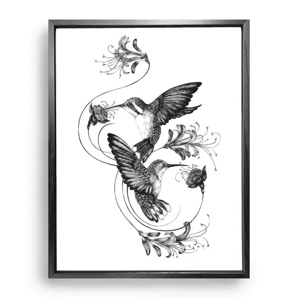 EMILY CARTER Hummingbirds & Honeysuckle Fine Art Print A3 - Black