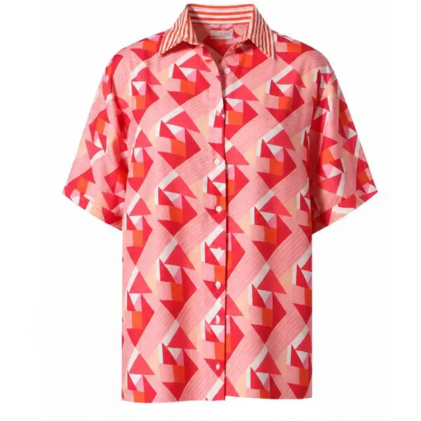 Loveist Store Orange / Pink Coral Geometric Patterned Linen-feel Short Sleeve Shirt - Orange/pink