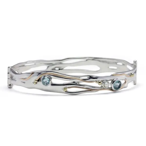 ISLA SILVER Blue / Silver Organic Blue Topaz & Freshwater Pearl Hinged Bangle - Blue/silver