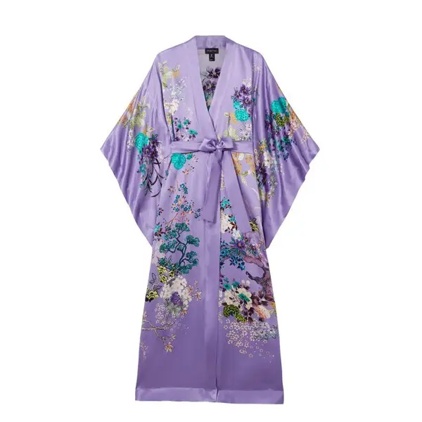 MENG Crane Silk Satin Kimono - Purple