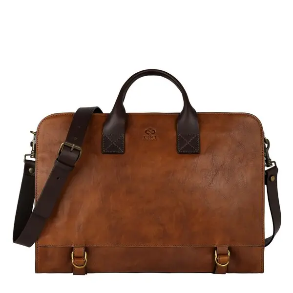 TIME RESISTANCE Leather Briefcase Laptop Bag Wide Sargasso Sea - Brown
