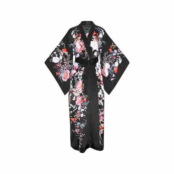 MENG Watercolour Flowers Silk Satin Kimono - Black
