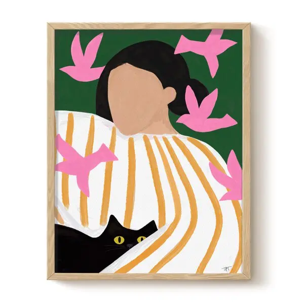 THE PAPER TAIL Birds Cat Art Print A4 - Pink