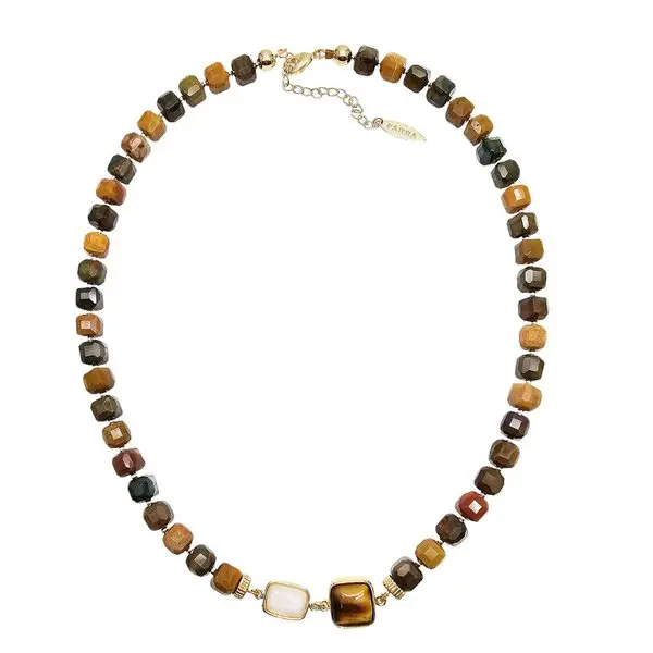 FARRA Cube Shaped Tiger Eye With Moonstone Necklace - Brown