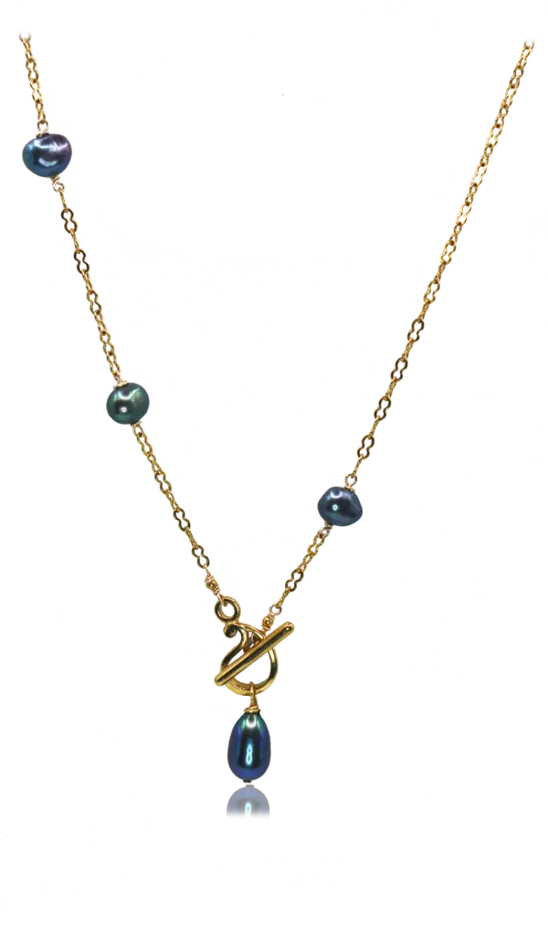 MARQUISE SWIM Necklace Asym Peacock Pearl & Gold T-bar - Blue