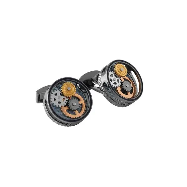 Tateossian Round Gear Carbon Fibre Cufflinks In Gunmetal Plated - Blue/gray
