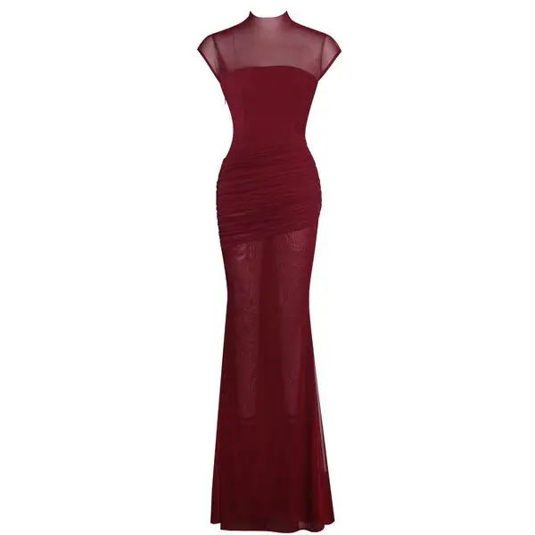 MISS CIRCLE NEW YORK Fabienne Burgundy Mesh Cap Sleeve Mermaid Gown - Red