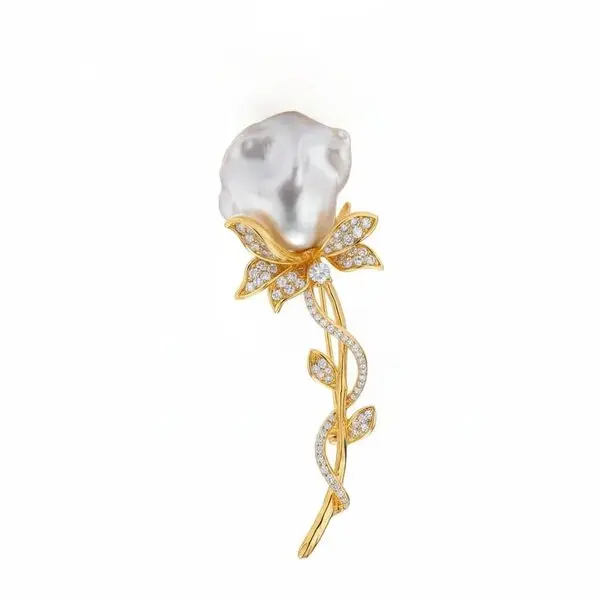 ANGEL BAROCCO Silver / Gold Baroque Pearl Rose Brooch Silver - Silver/gold