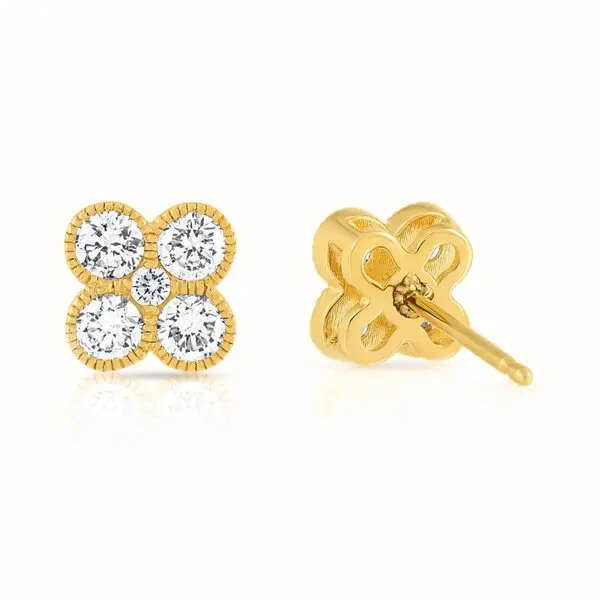 AVIR NEW YORK Solid Gold Flower Clover Beaded Earrings Grown Diamond Half Carat Weight Stud Earrings