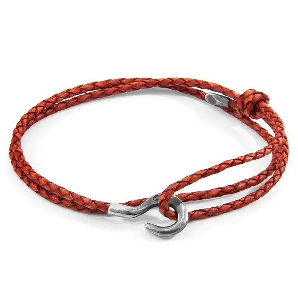 ANCHOR & CREW Amber Charles Silver & Braided Leather Skinny Bracelet - Red