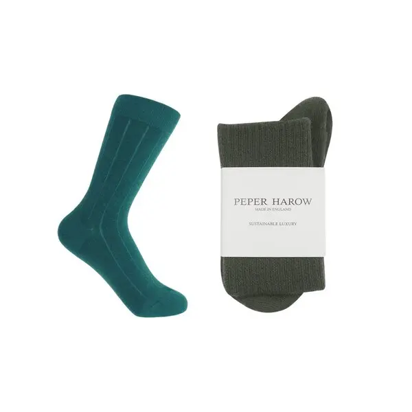 PEPER HAROW - MADE IN ENGLAND S Cashmere & Wool Boot Socks Bundle – Teal & Olive - Green