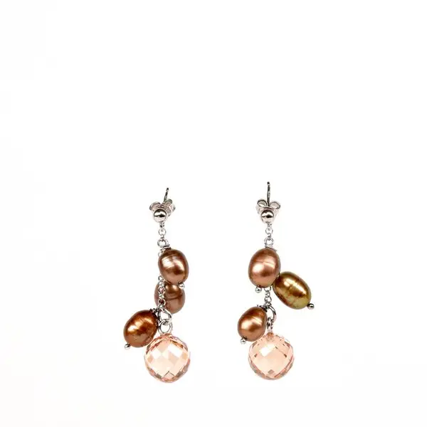 ADDICTED2 Brown / Silver / Neutrals Nemesi 925 Silver Earrings With River Pearls & Champagne Zircons - Brown/silver