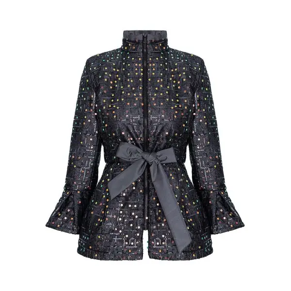CONCEPT A TROIS Grey / Black Short Quilted Anthracite Grey Jacket With Fine Sequins With Collar And Drawstring - Grey/black