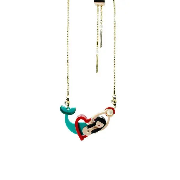 GISSA BICALHO Handmade Acrylic Necklace Mermaid And Heart Pink - Orange