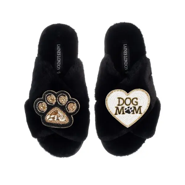 LAINES LONDON Classic Laines Slippers With Dog Mum / Mom & Paw Brooches - Black