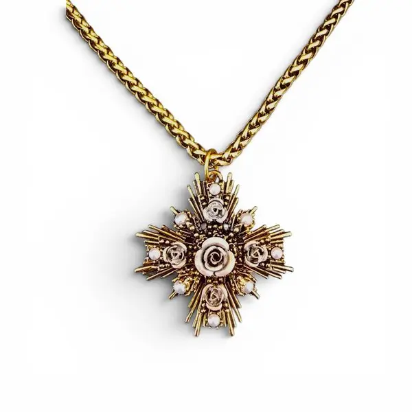 VSTYLE Sacred Rose Pearl Cross Necklace - Gold