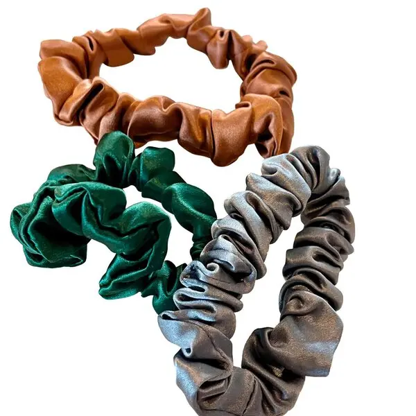 SOFT STROKES SILK Set Of Three Pure Mulberry Silk Mini Scrunchies Weekly Special Hair Ties Autumn Jewels - Gold