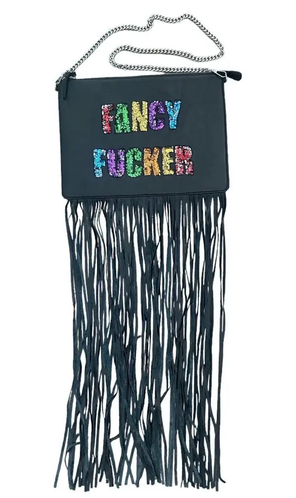 ANY OLD IRON Black / Silver Rainbow Fancy Fucker Fringe Large Leather Bag - Black/silver