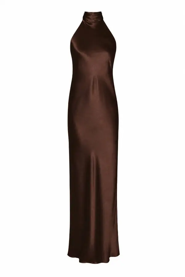LILY ROU Chocolate Halter Neck Maxi Silk Slip Dress - Brown