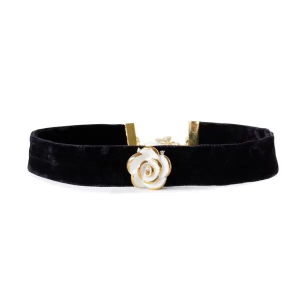 POPORCELAIN White / Black / Gold Golden White Cloud Rose Black Velvet Choker - White/black/gold